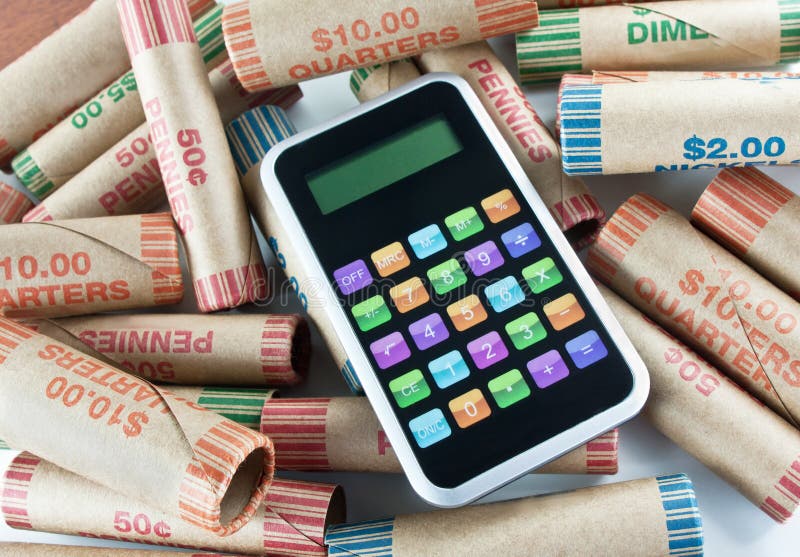 Calculator Sitting on Coin Wrappers Stock Image - Image of bank ...