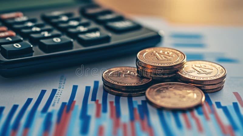 A Calculator and Some Coins on a Table Stock Illustration ...