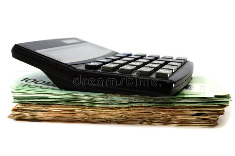 Calculator on a Stack with Euro. Side View. White Background. Stock ...