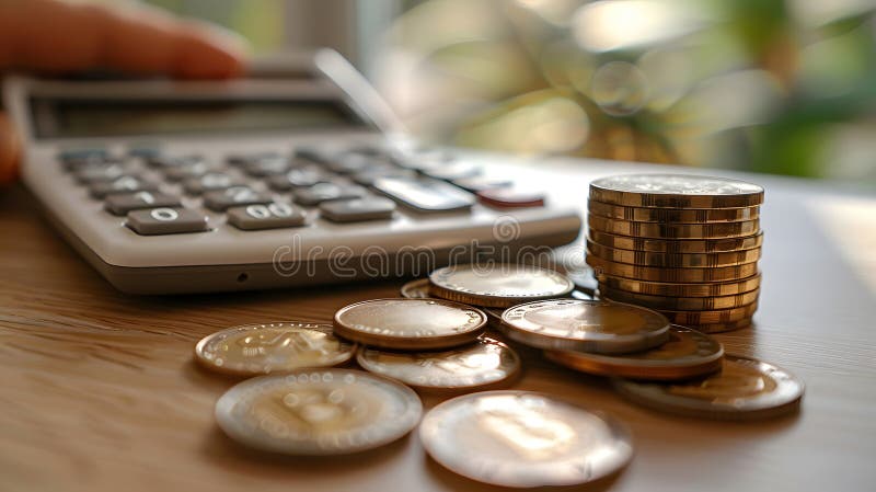 Calculator on Table with Coins. Generative AI Stock Illustration ...