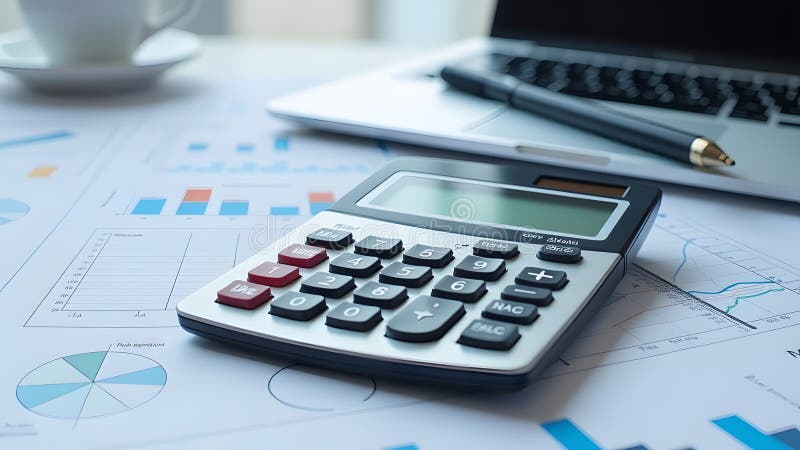 A Calculator is on a Table beside a Laptop and a Pen Stock Illustration ...