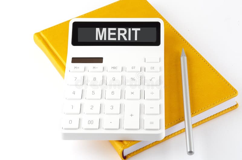 Calculator with the Text MERIT on Display on Notebook Stock Photo ...