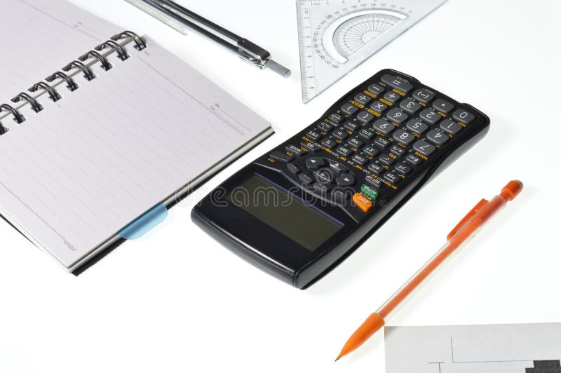 Calculator on a White Background, Triangular Ruler, Crayola Stock Image ...
