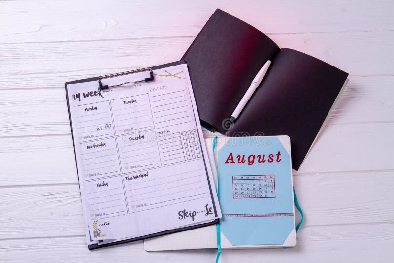 Caledars with Week and August Month on White Desk. Stock Photo - Image ...