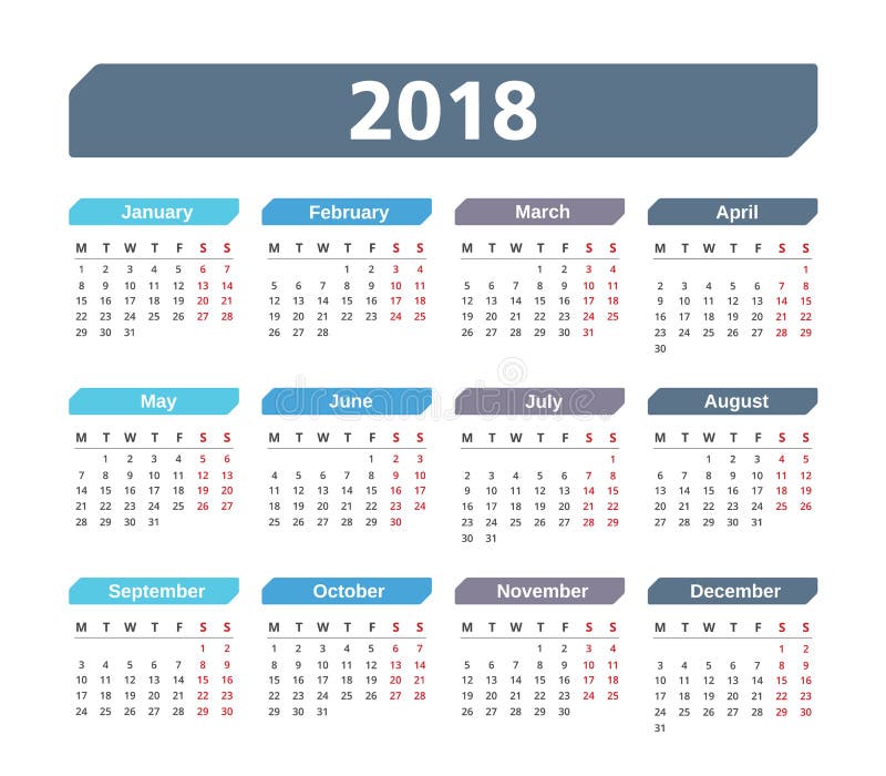 Calendário Completo Do Ano 2018 Ilustração Stock - Ilustração de meses ...