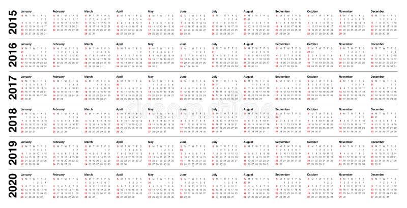 Calendário 2015 2016 2017 2018 2019 2020 Ilustração do Vetor ...