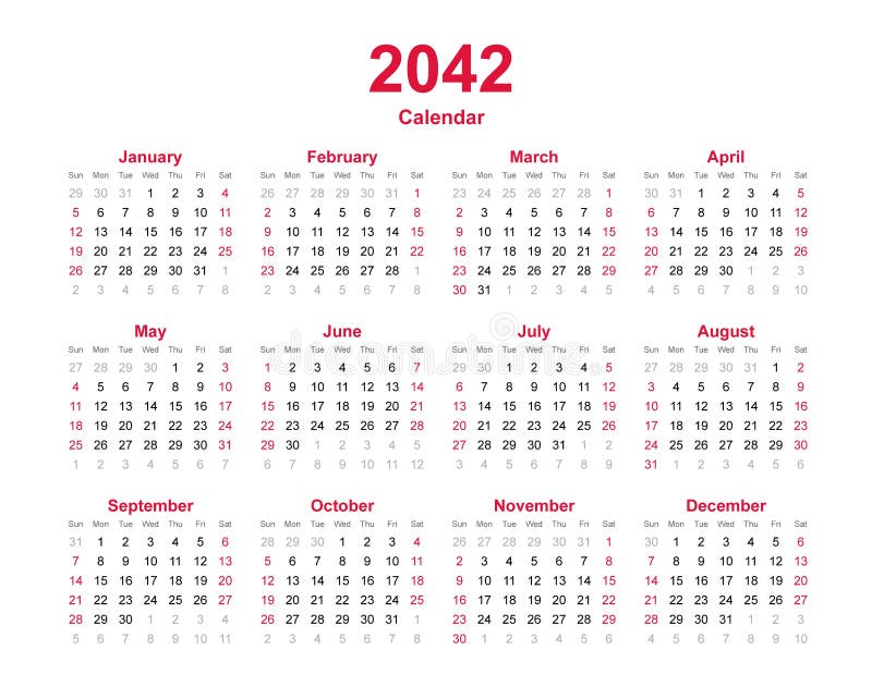 Calendário 2042 Calendário Anual Do Vetor De 12 Meses No Ano 2042 ...