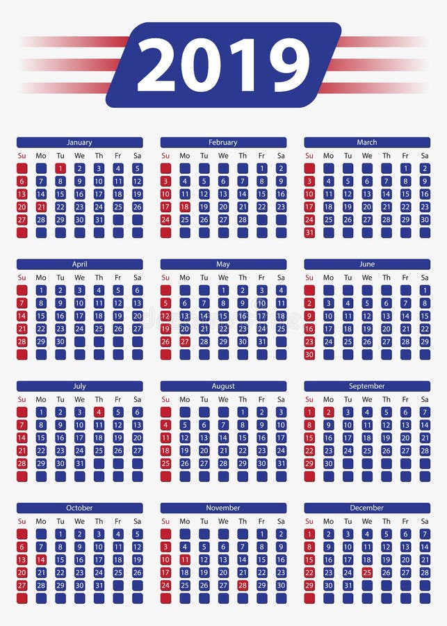 Calendário 2019 Com Feriados Oficiais, 5x7 Dos EUA Dentro Ilustração do ...