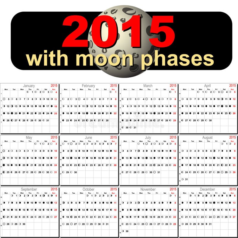 Calendário Do Vetor Para 2015 Com Fases Da Lua Ilustração do Vetor ...