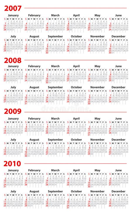 Calendar for 2007, 2008, 2009 and 2010 Stock Vector - Illustration of ...