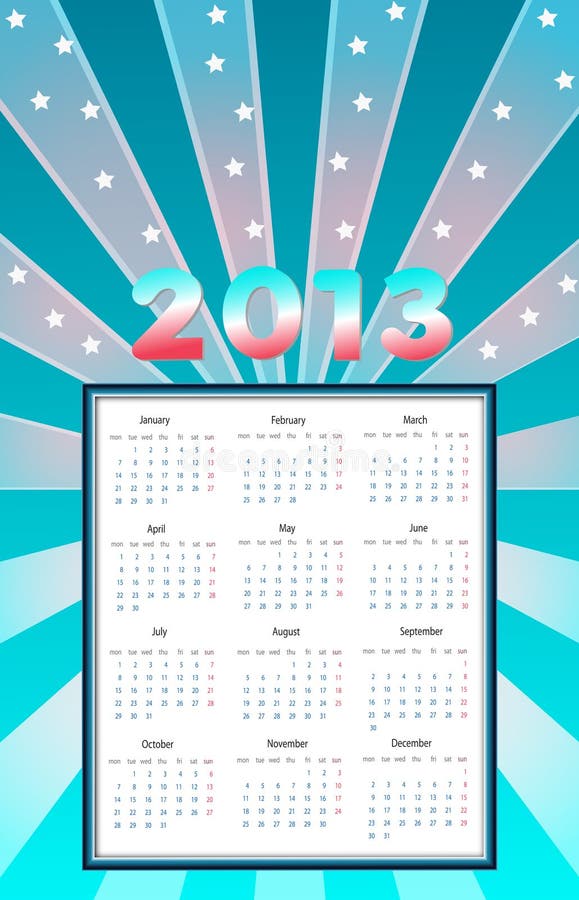 Calendar 2013 with Rays and Stars. Stock Vector - Illustration of ...