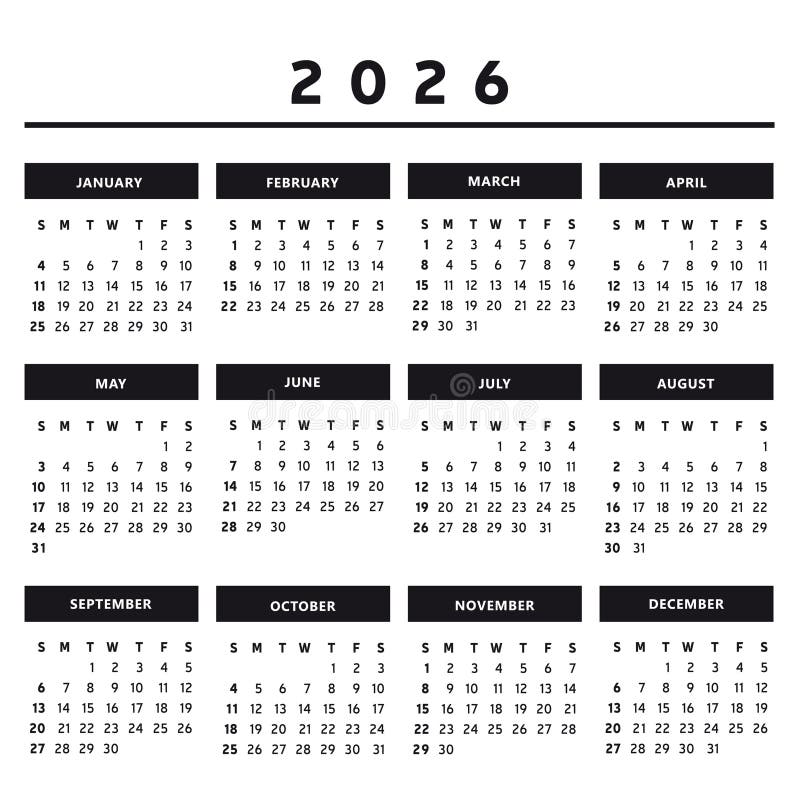 2026 Calendar with Boxes in Black and White Colors 4 Columns - English ...