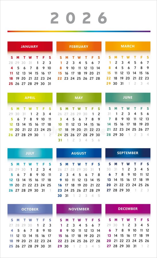 2026 Calendar with Boxes in Rainbow Colors 3 Columns - English Stock ...