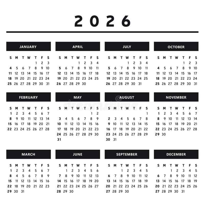 2026 Calendar with Boxes in Black and White Colors 4 Columns - English ...