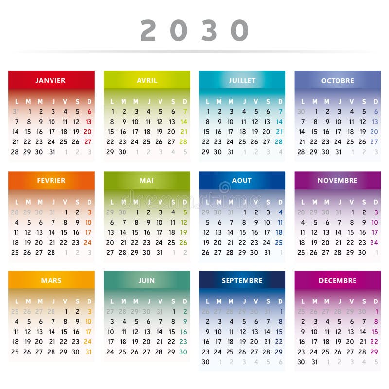 2030 Calendar with Boxes in Rainbow Colors 4 Columns - French Stock ...
