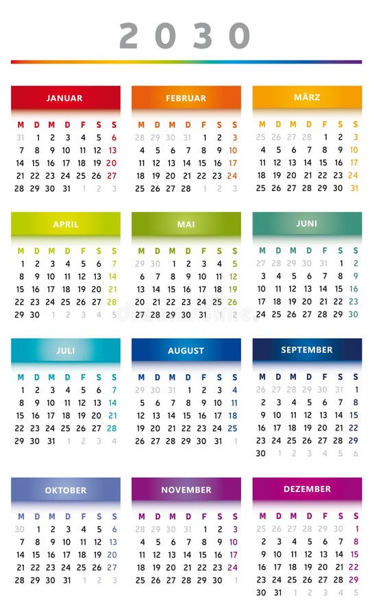 2030 Calendar with Boxes in Rainbow Colors 3 Columns - German Stock ...