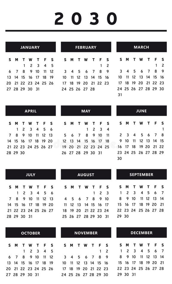 2030 Calendar with Boxes in Black and White Colors 3 Columns - English ...