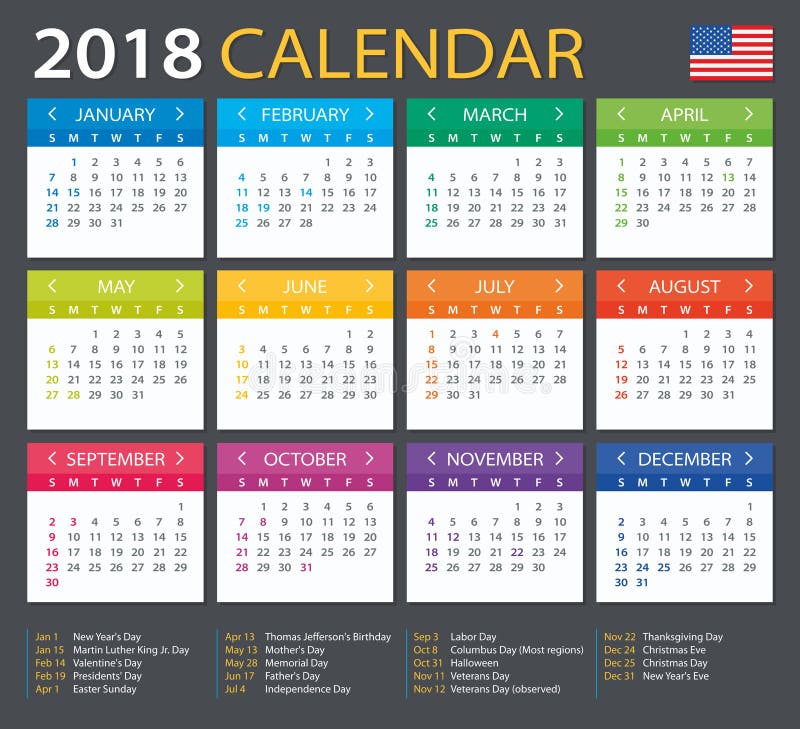 2018 American Calendar Weeks Illustration Stock Illustration ...