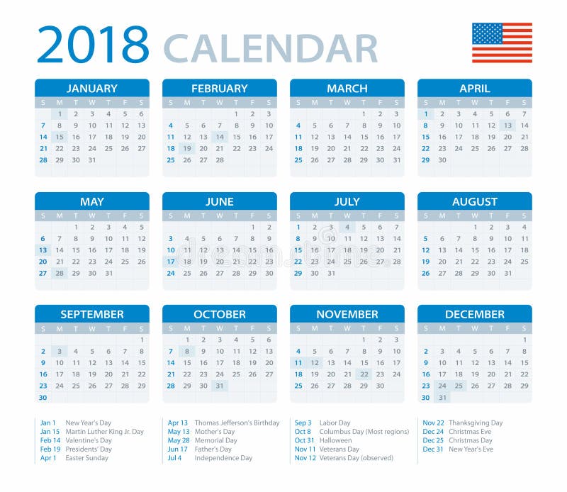 2018 American Calendar Weeks Illustration Stock Illustration ...
