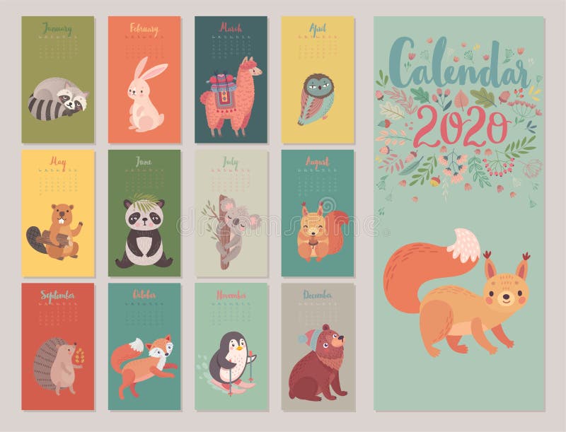 Calendar 2020 with Animals . Cute Forest Characters Stock Vector ...