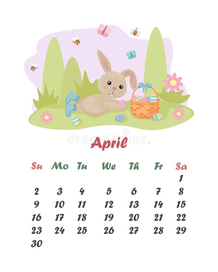 Calendar April. a Cute Rabbit is Lying with a Basket of Easter Eggs ...