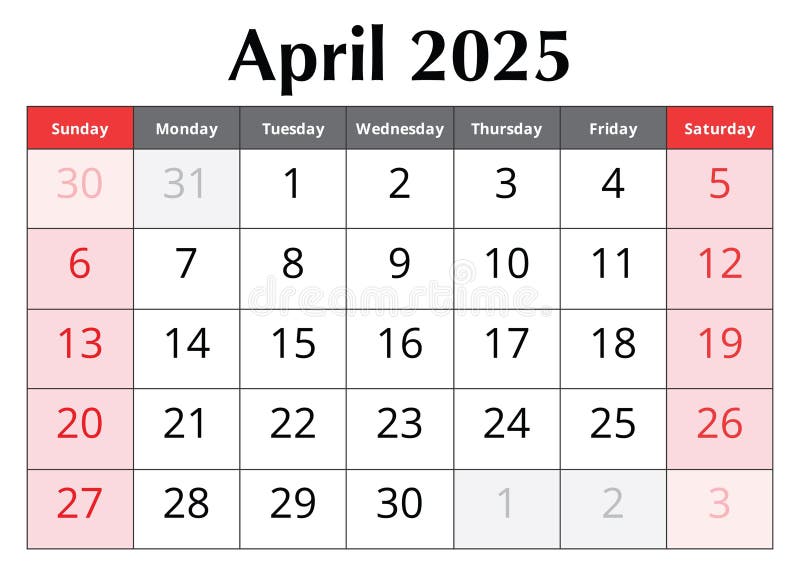 Calendar for April 2025. Design Vector Illustration. English Page of ...