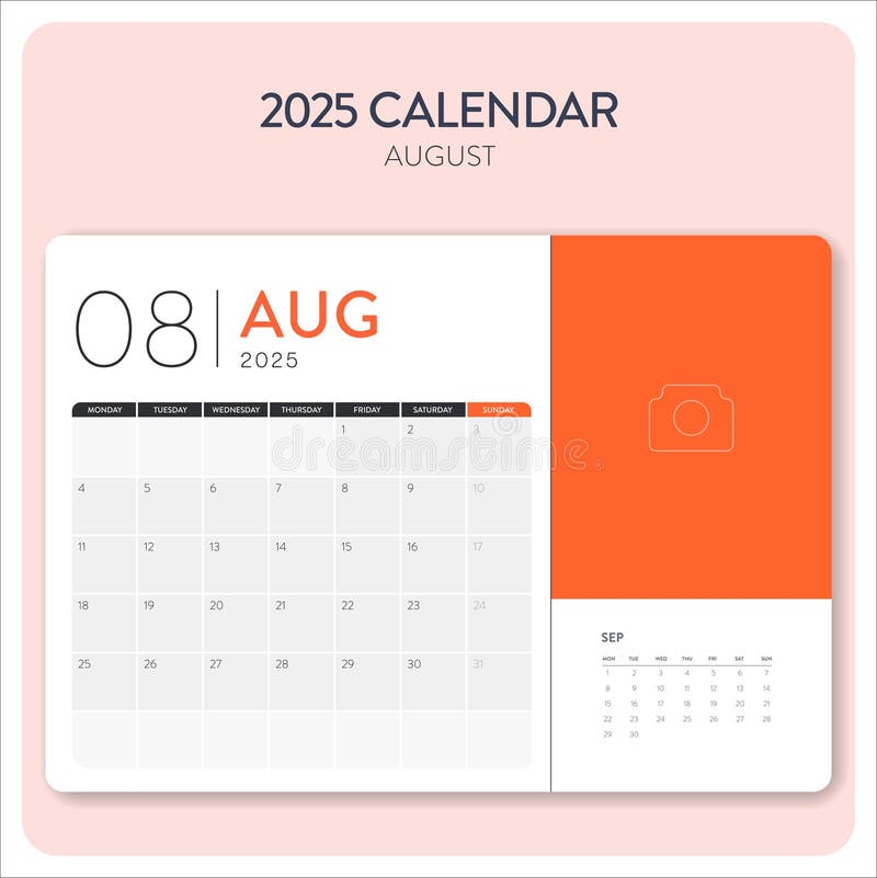 Calendar August 2025 Template Vector. Desk, Wall Calendar for Print ...