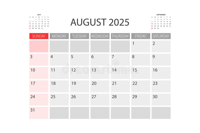 Calendar for August 2025. the Week Starts on Sunday. Stock Vector ...