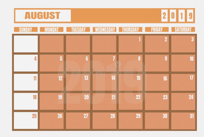 Calendar 2019 August Year and Planner for Planning Tasks and Th Stock ...