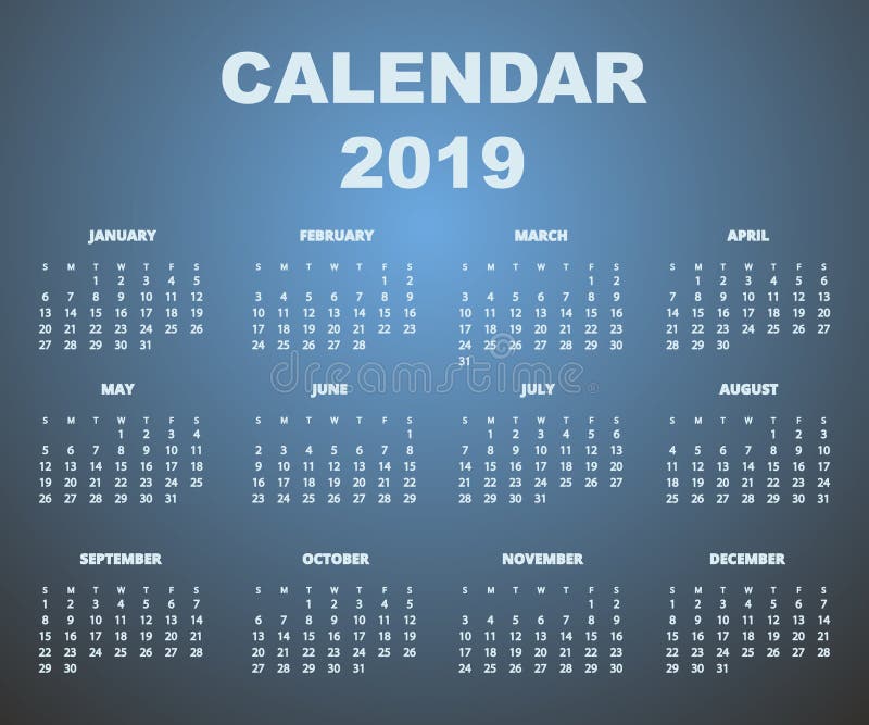 Calendar 2019 back stock illustration. Illustration of number - 127390421