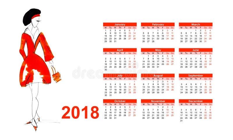 Calendar 2018 with Young Woman Stock Illustration - Illustration of ...