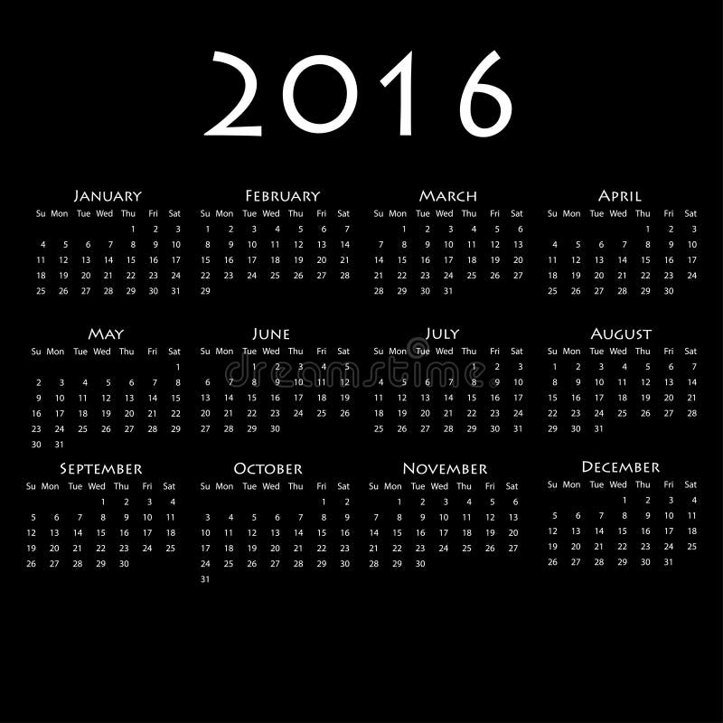 Calendar for 2016 on Black Background. Stock Illustration ...