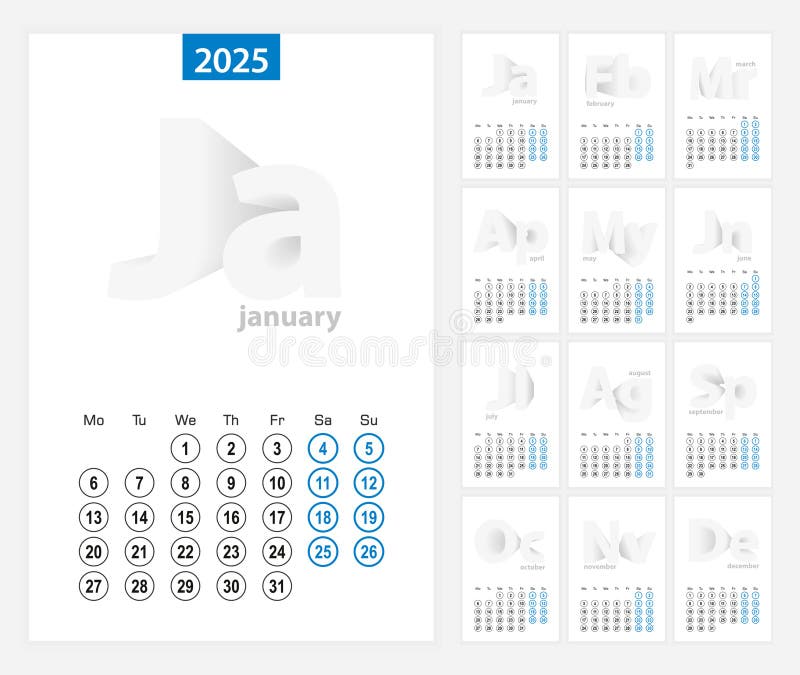 Calendar 2025, Blue Circle Design. English Language, Week Starts on ...