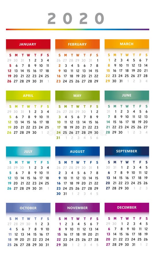 2020 Calendar with Boxes in Rainbow Colors 3 Columns - German Stock ...