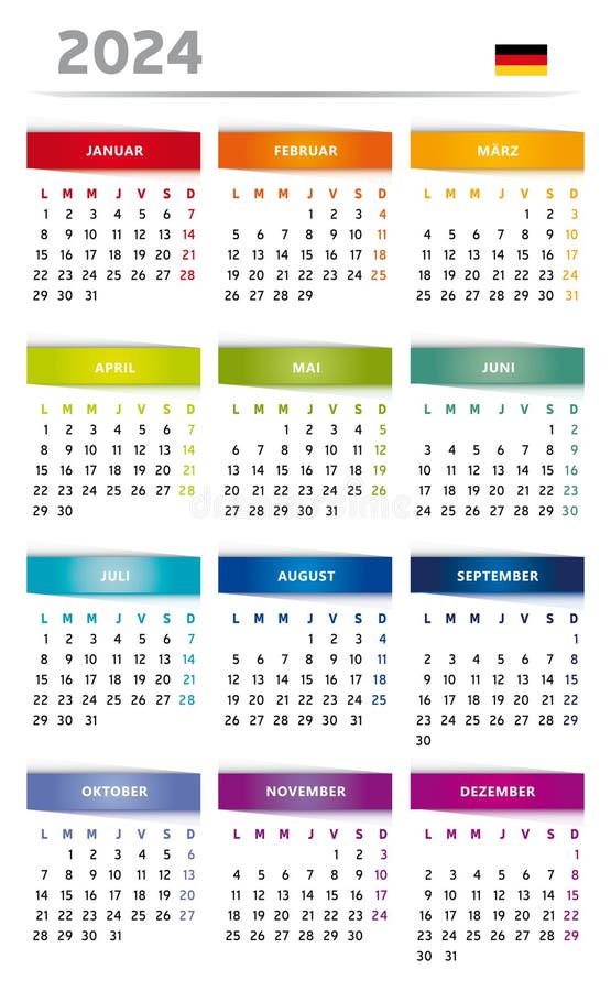2024 Calendar with Boxes in Rainbow Colors 4 Columns - German Language ...