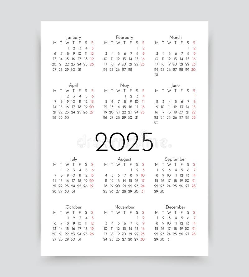 2025 Calendar. Calender for Year. Pocket or Wall Template. Week Starts ...