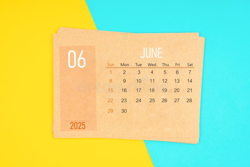 Calendar Card for June 2025 Year on Yellow and Blue Background Stock ...