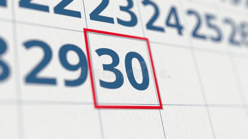 Calendar with Marked 30 Day of the Month Close-up. 3D Rendering Stock ...