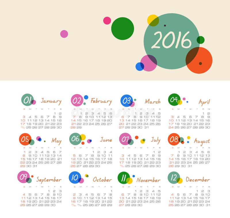 Calendar for 2016 with Circles. Week Starts Sunday Stock Vector ...