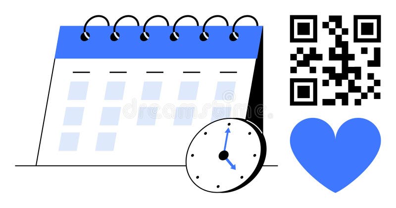 Calendar with Clock, QR Code, and Heart Icon for Time Management and ...