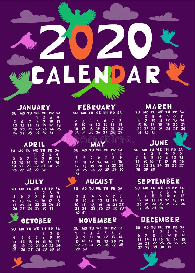 Calendar 2020 with Colorful Birds Silhouettes . Vector Graphics Stock ...