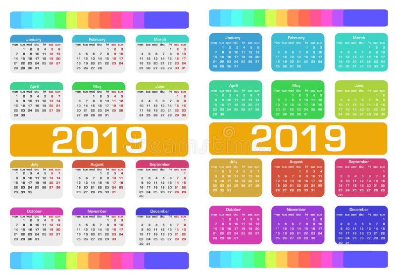 Calendar 2019. Colorful Set. Week Starts on Sunday Stock Vector ...