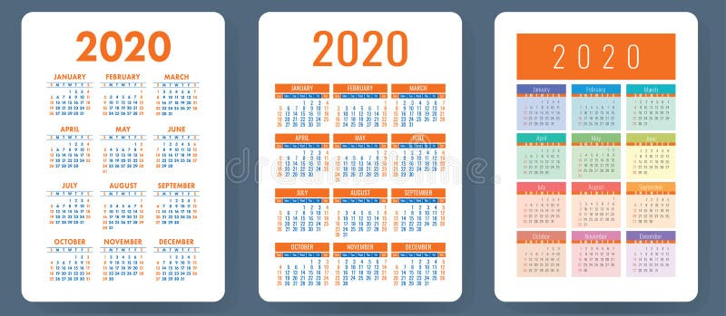 Calendar 2020. Colorful Set. Week Starts on Sunday. Basic Grid Stock ...