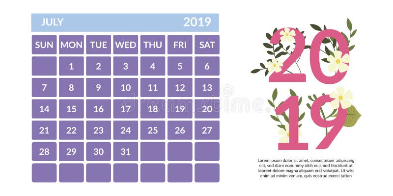 Calendar 2019. Colorful Set. Week Starts on Sunday. Basic Grid Stock ...