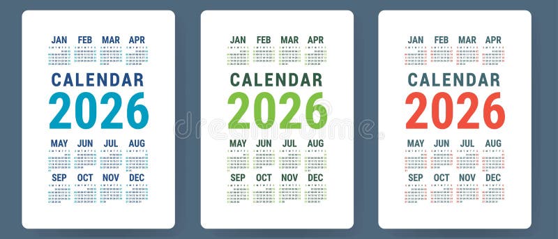 Calendar 2026. Colorful Vector Set. Pocket Calender Collection. Week ...
