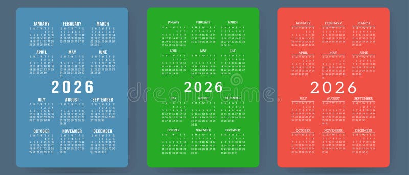 Calendar 2026. Colorful Vector Set. Pocket Calender Collection. Week ...