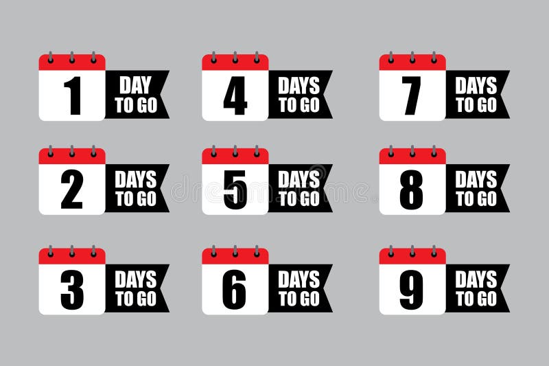 Calendar Countdown Icons. Days 1 To 9. Red, White, Black Colors. Bold ...