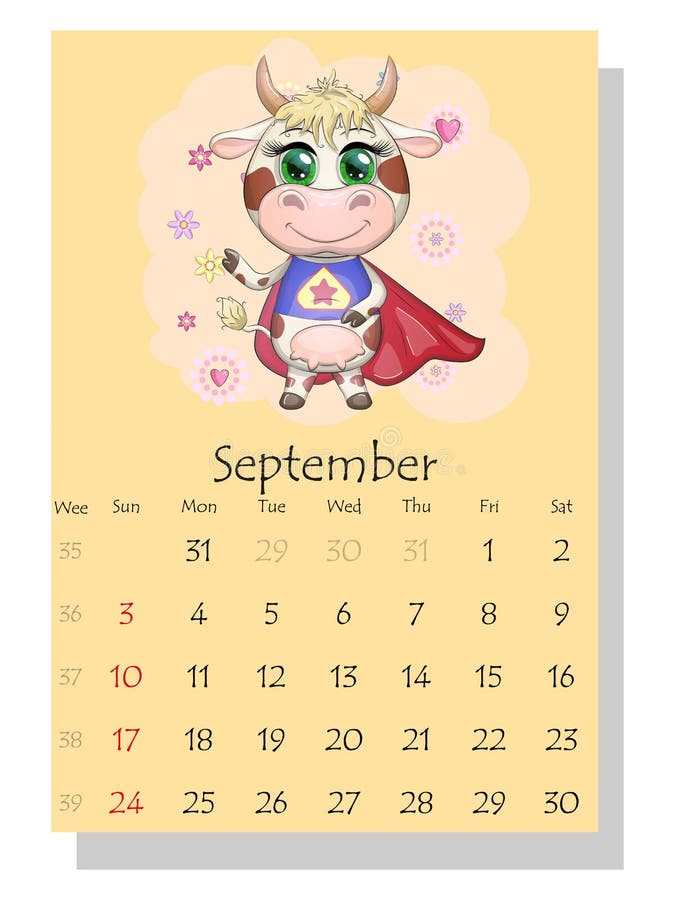 Calendar 2021. Cute Bull and Cow for September Stock Illustration ...
