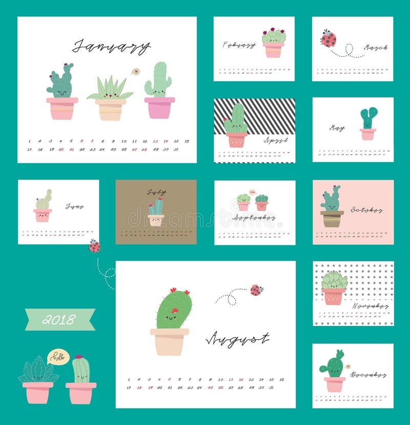 2018 calendar with cactus stock vector. Illustration of drawn - 106191706