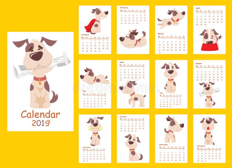 Calendar 2019 with Cute Dog Stock Vector - Illustration of collection ...